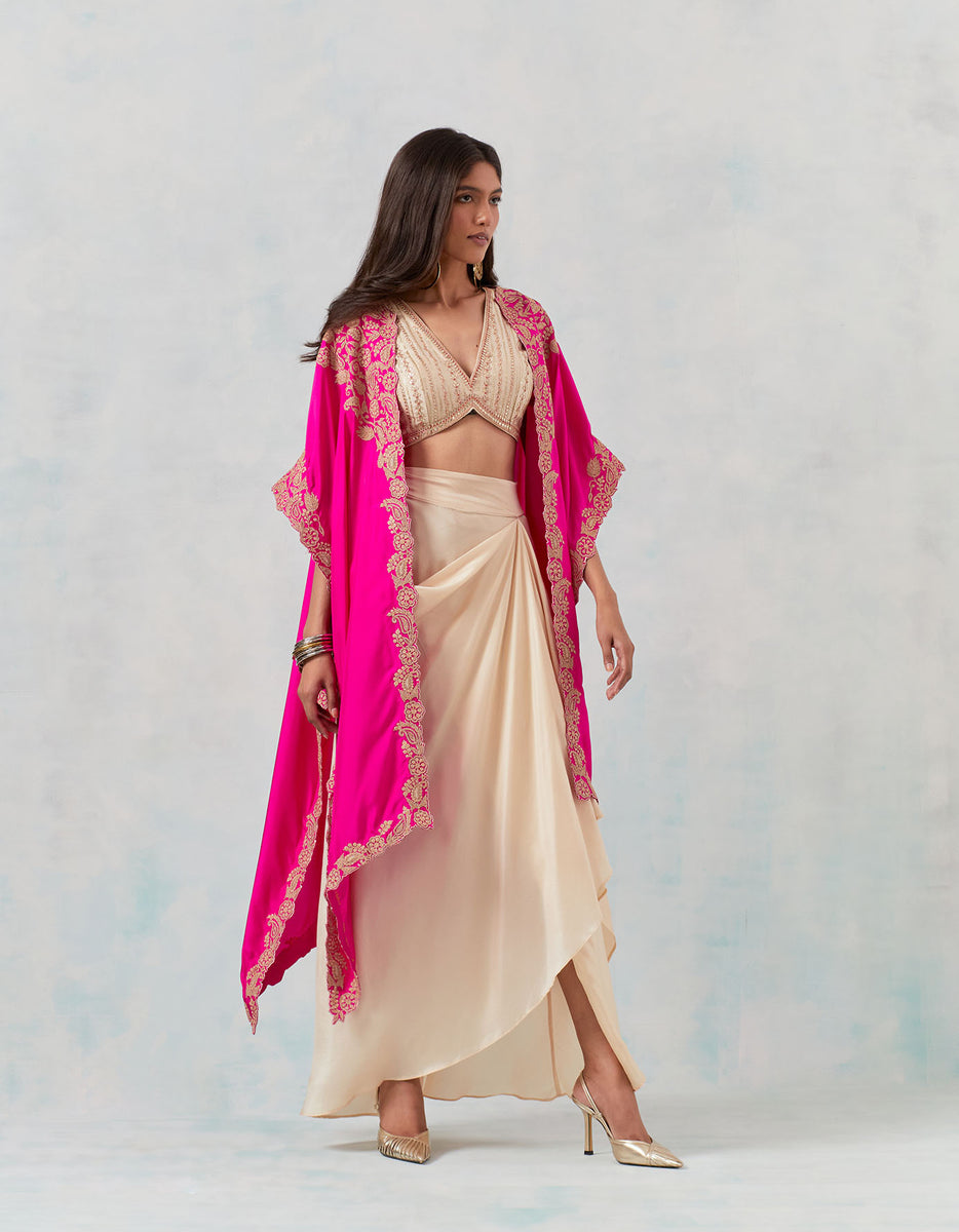 Fuschia Cape and an Ivory Skirt and Blouse Set – NidhiTholia
