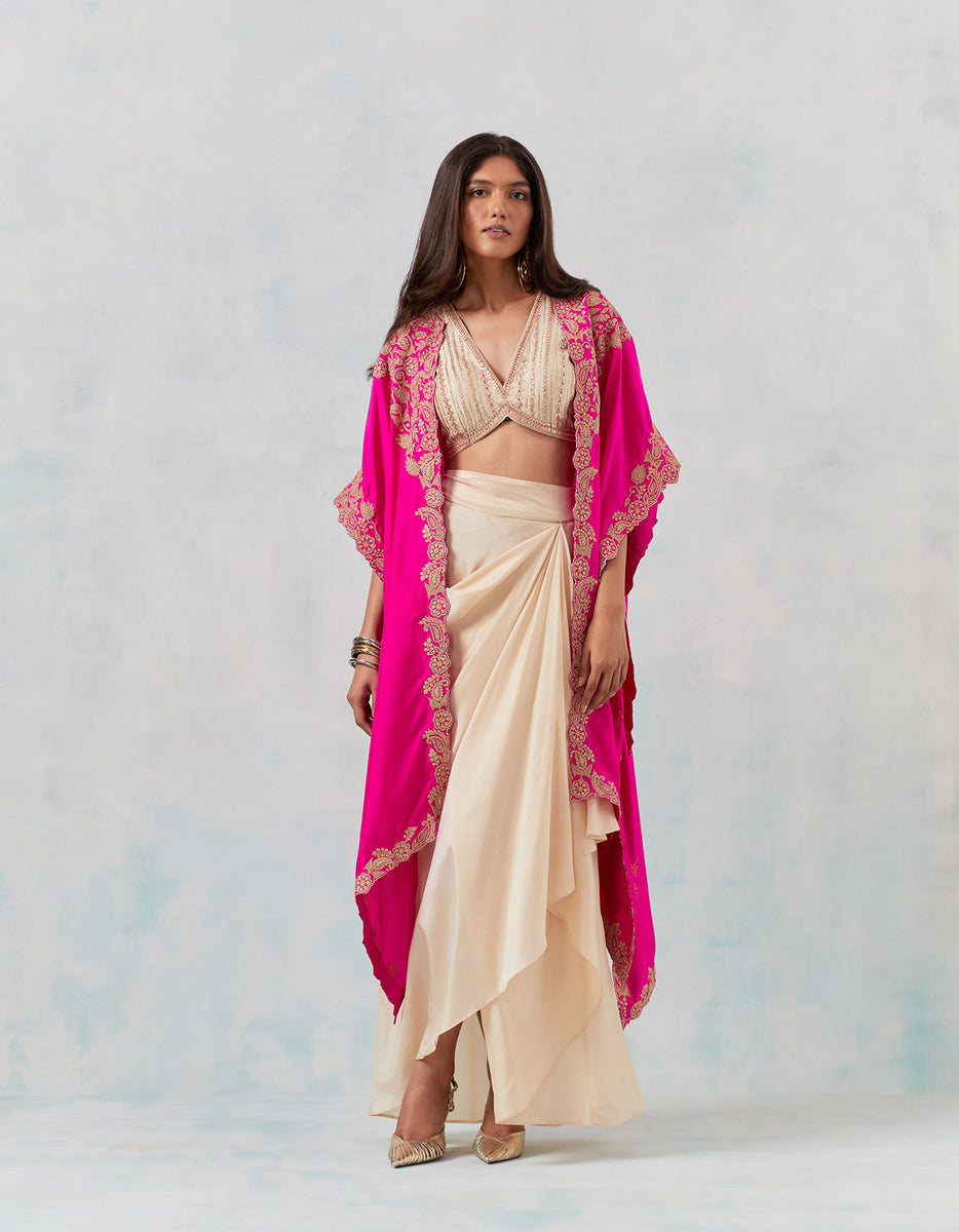 Fuschia Cape and an Ivory Skirt and Blouse Set – NidhiTholia