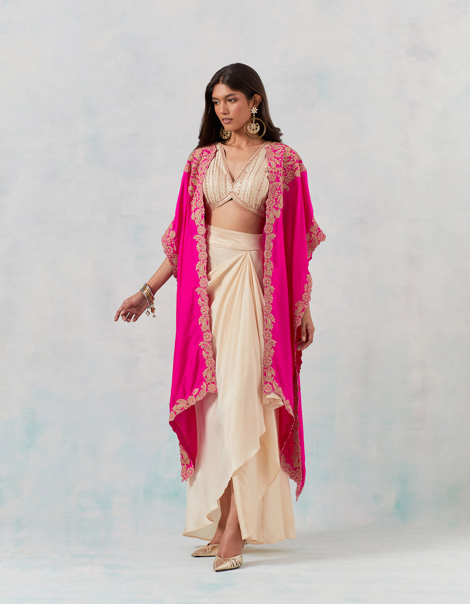 Fuschia Cape and an Ivory Skirt and Blouse Set – NidhiTholia