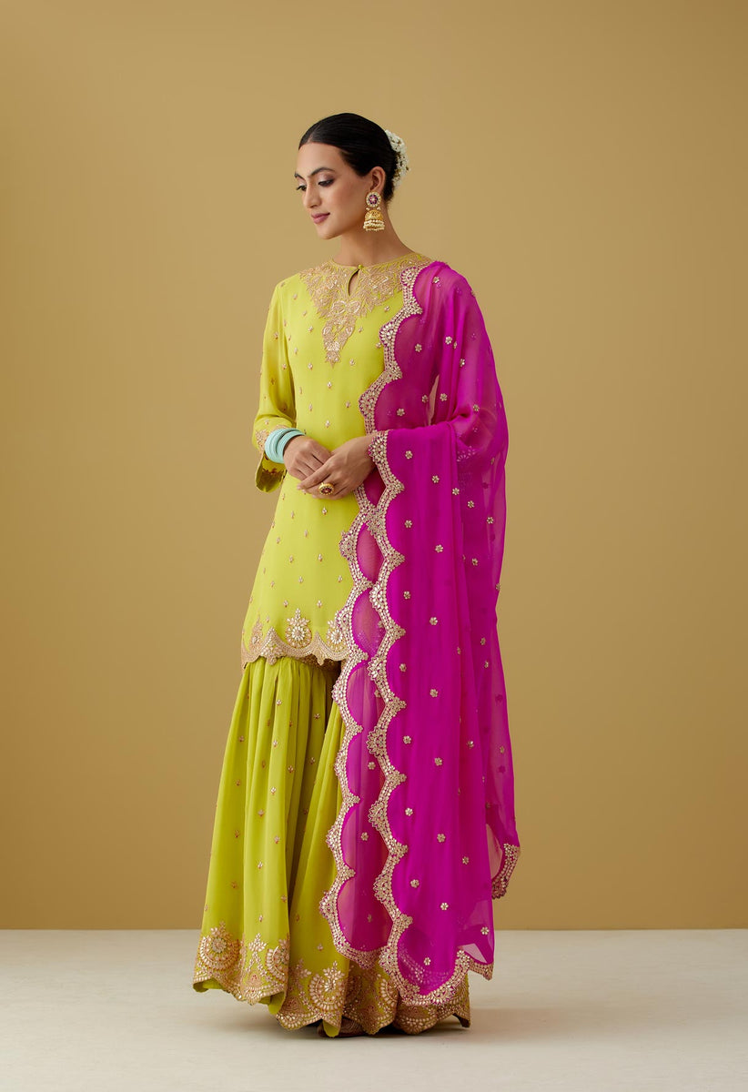 Lime green Georgette Embroidered Sharara sets – NidhiTholia