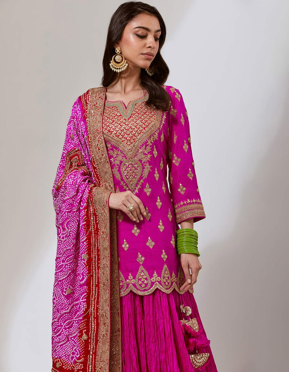 Fuschia Pink Kurti with Crushed Skirt Set – NidhiTholia