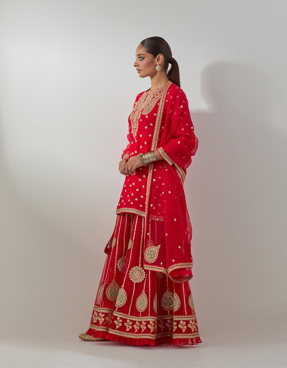 Red Sharara Set With An Organza Dupatta – NidhiTholia