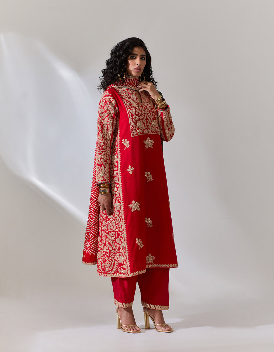 Red Matka Silk Kurta and Ijar Set – NidhiTholia