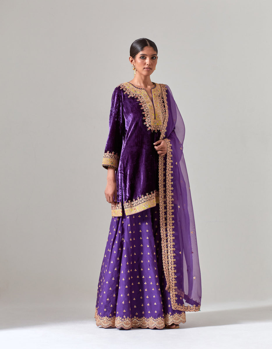 Purple Silk Velvet Sharara Set with Gota Marorri Hand Embroidery ...